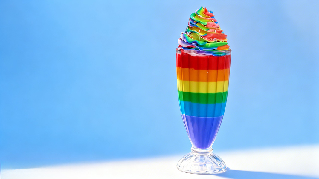 Rainbow layered milkshake with colorful swirl topping
