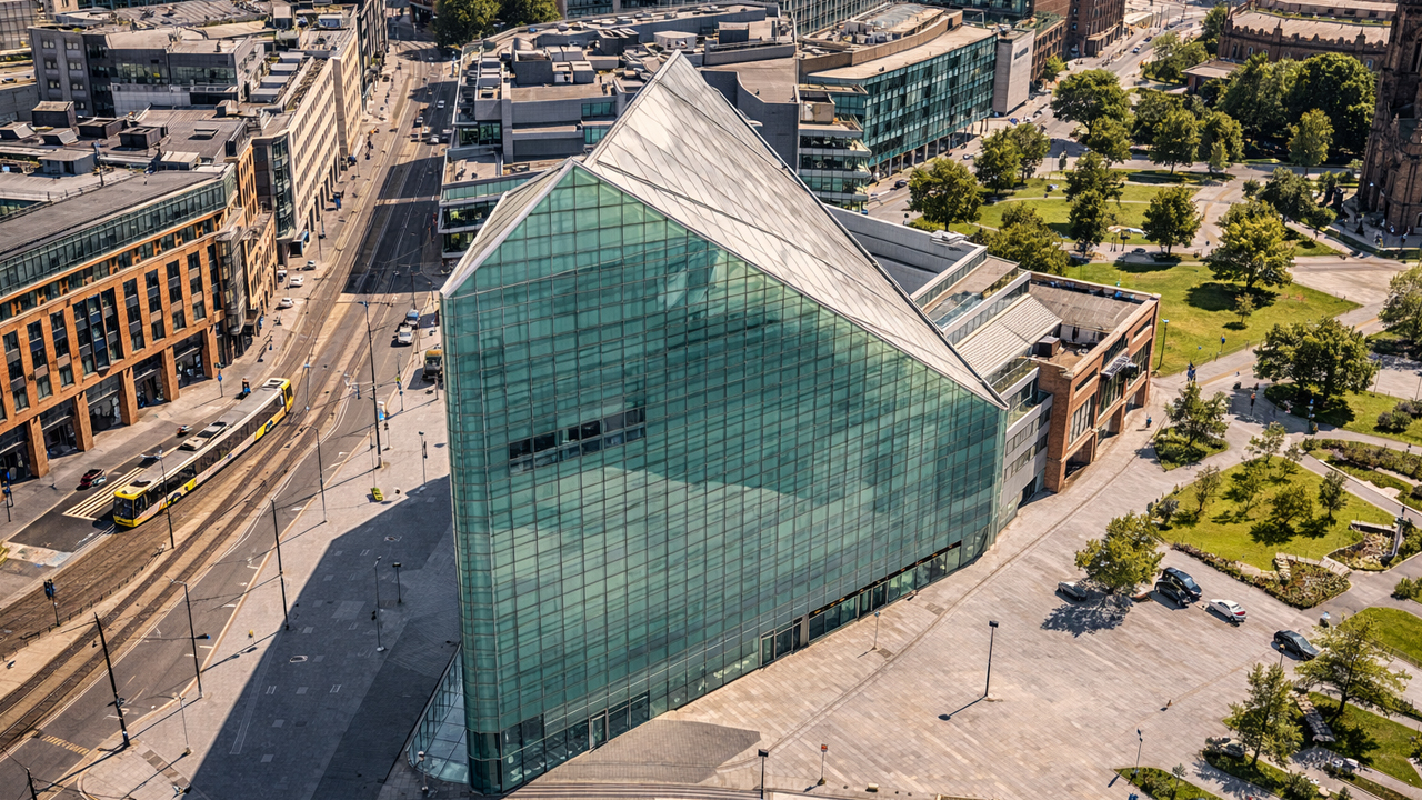 Striking glass museum and urban grid from above