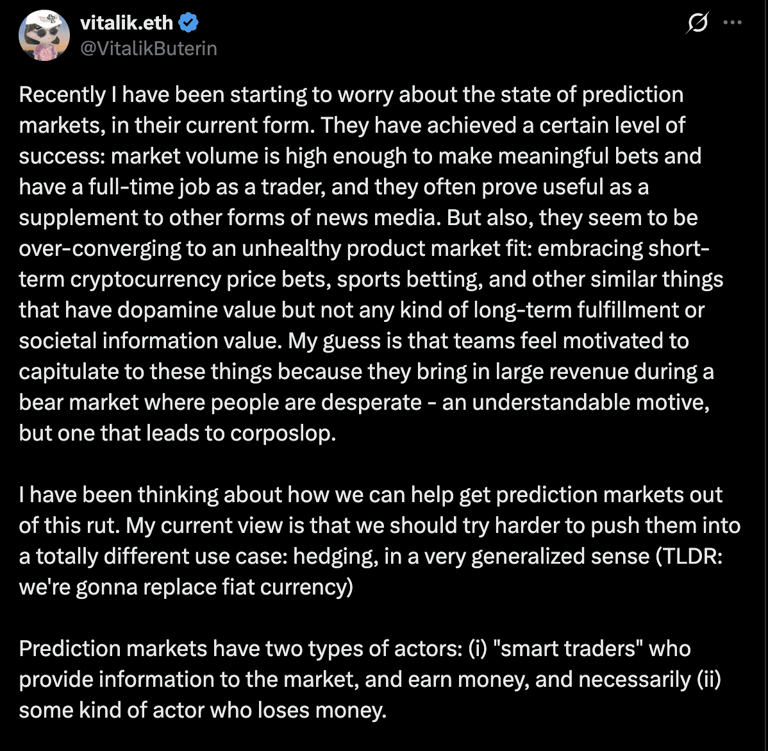 Prediction markets should become hedging platforms, says Buterin
