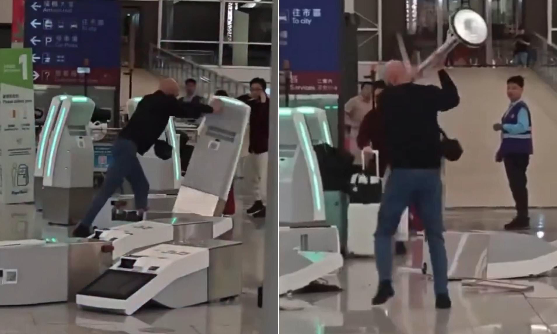 Moment raging Brit, 35, loses control at Hong Kong airport using metal ...