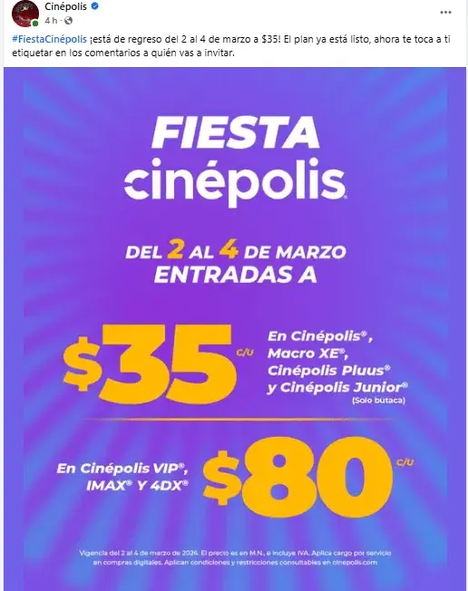 Fiesta Cinépolis 2026: boletos a 35 pesos, fechas y formatos incluidos