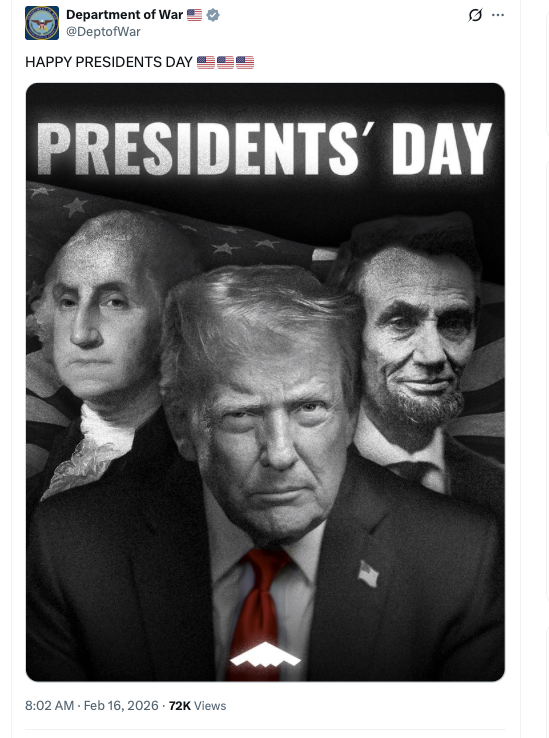 Washington, Lincoln and Trump: Pentagon posts Presidents Day tribute