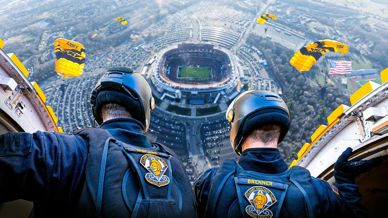 One soldier falling from 10,000 feet; 60,000 people watching