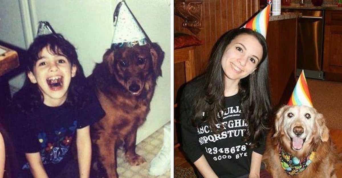 Adorable before-and-after photos of dogs growing up with their humans