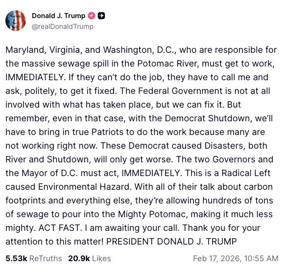Trump says he will fix disastrous Potomac sewage spill if Dem governors ...