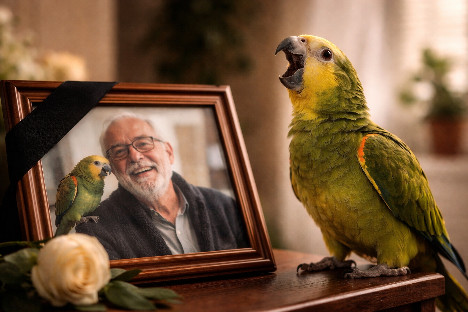 Pappagallo canta per ore dopo la morte del padrone, il suo ultimo addio