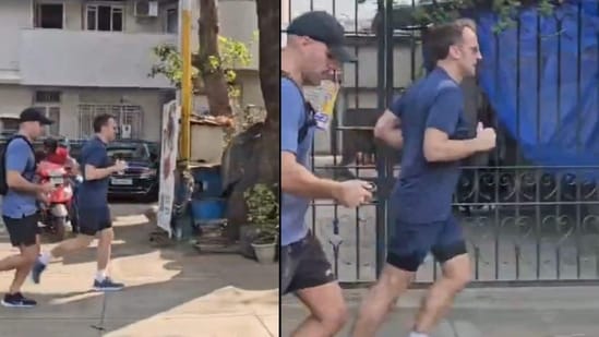 French president Emmanuel Macron jogs at Marine Drive during AI summit ...