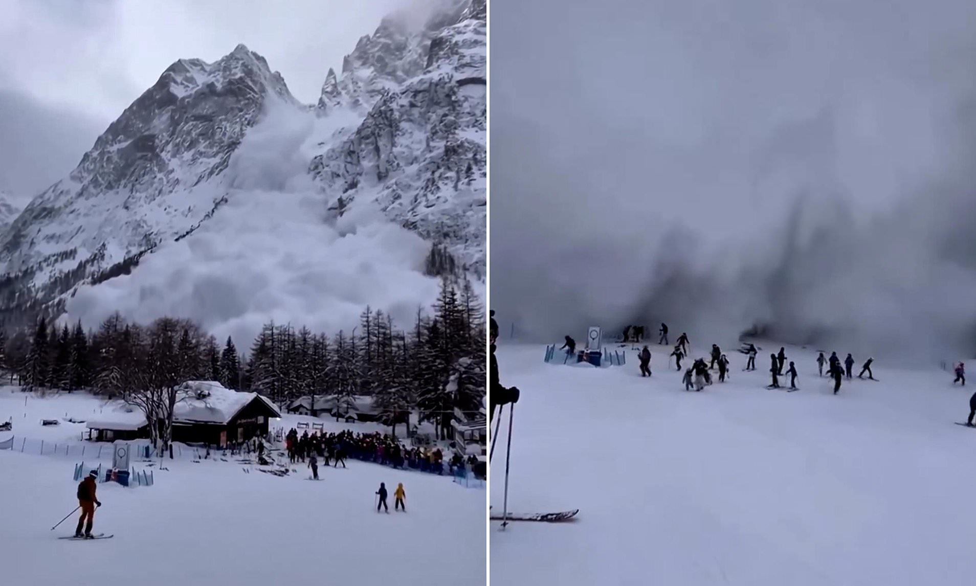 Moment avalanche cascades down mountain as skiers watch on before ...