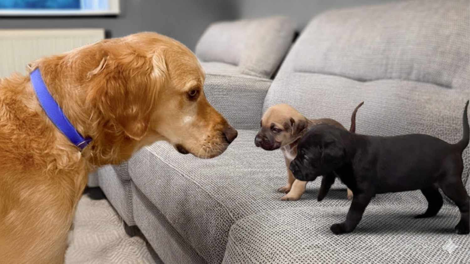Golden retriever meets 4 week old rescue puppies