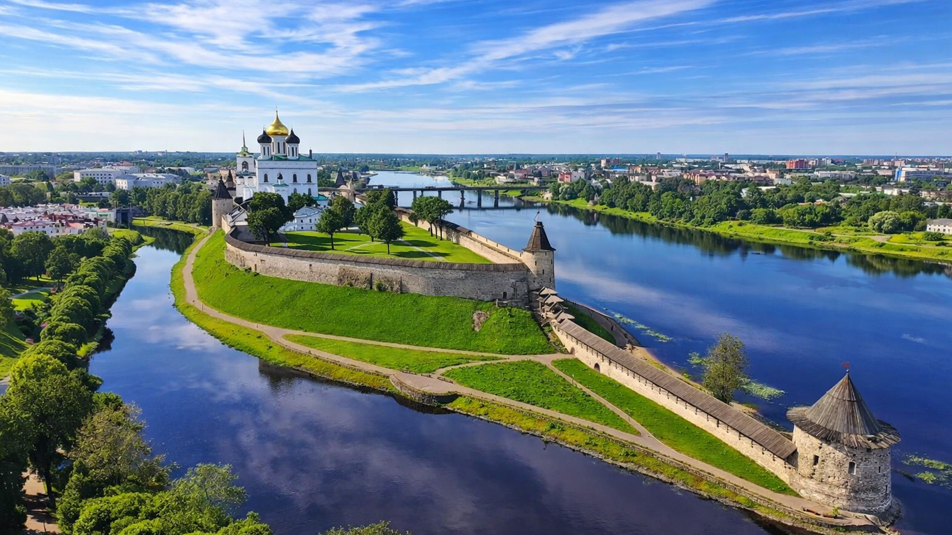 Pskov city with historic Kremlin and river views