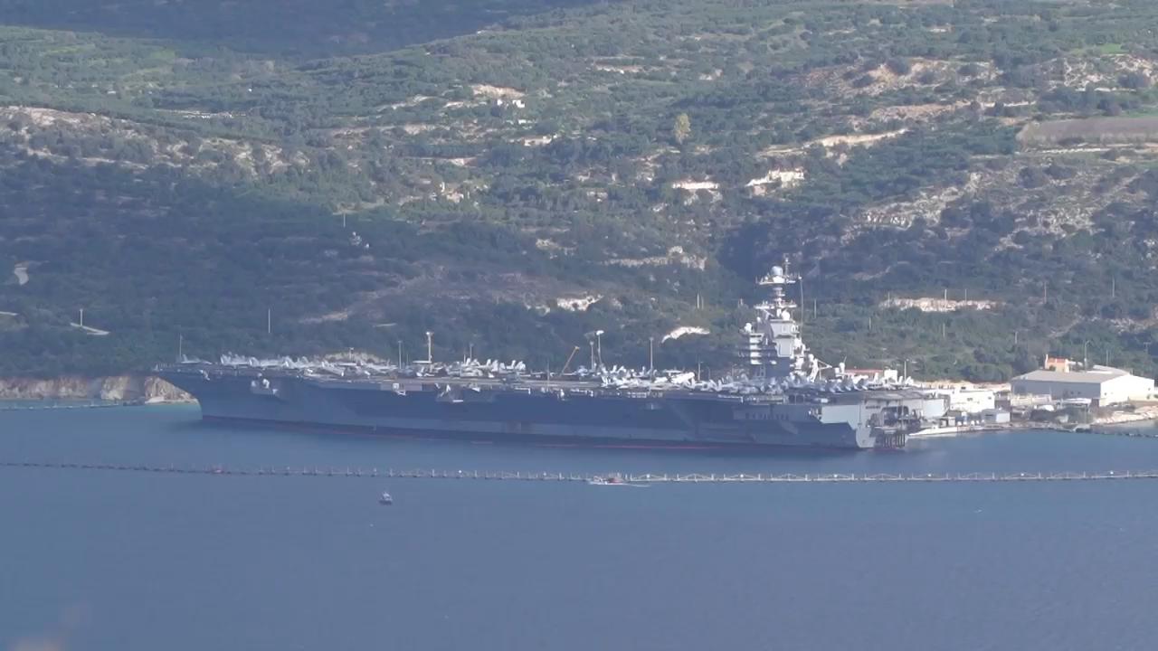 US aircraft carrier USS Gerald R Ford docked at naval base on Greek ...