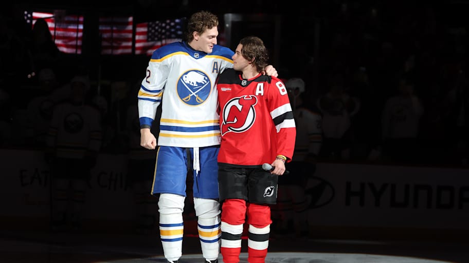 Jack Hughes hugs Tage Thompson, addresses Devils fans in return from ...