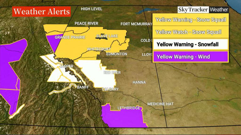 Heavy snowfall, high wind warnings issued for much of southern Alberta