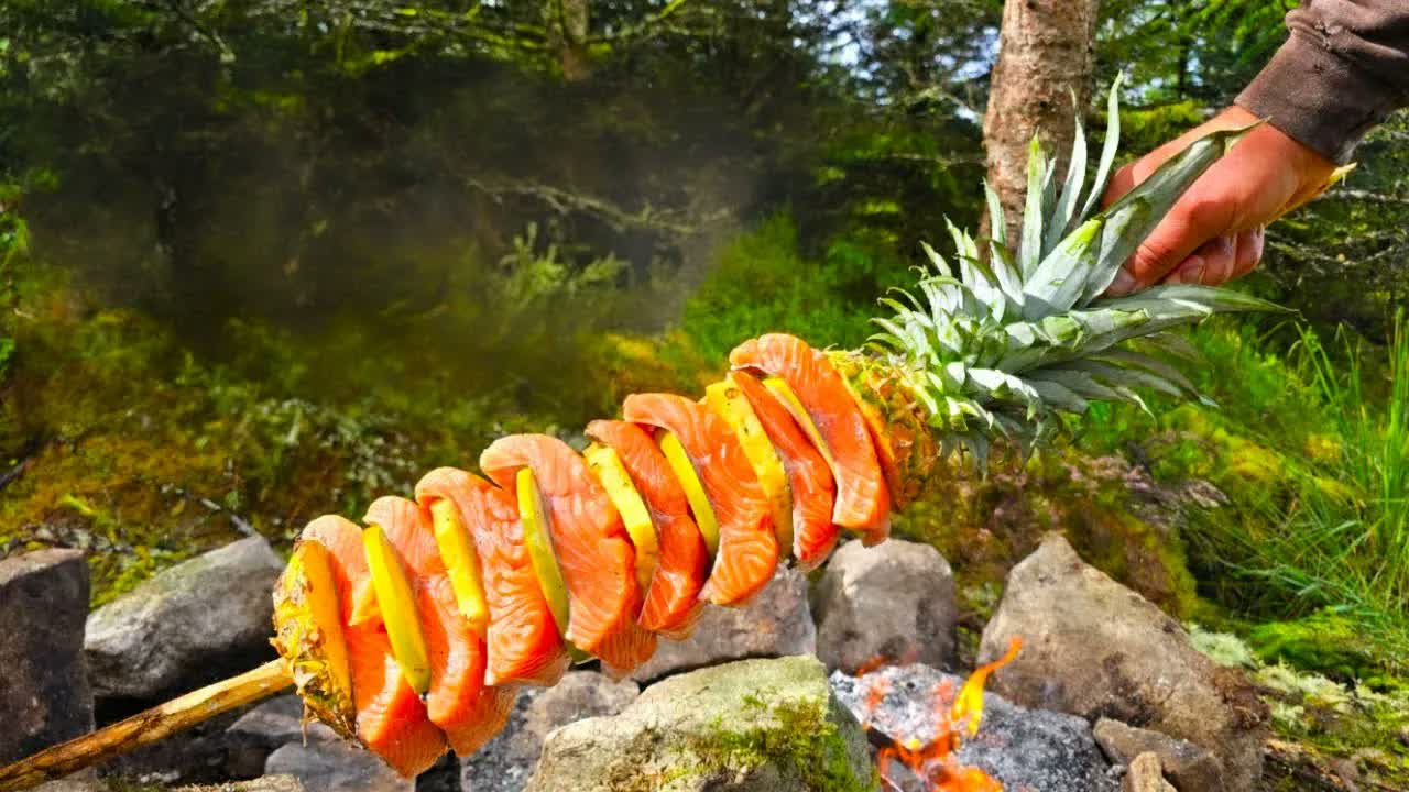 Juicy salmon cooked inside a whole pineapple over open fire