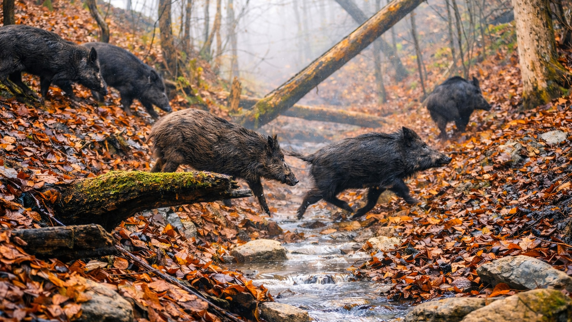 Wild boars moving together caught on camera