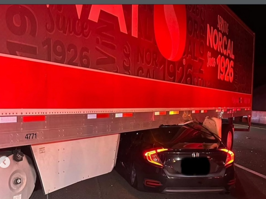 Driver dozes off and slides under Safeway truck on I-580