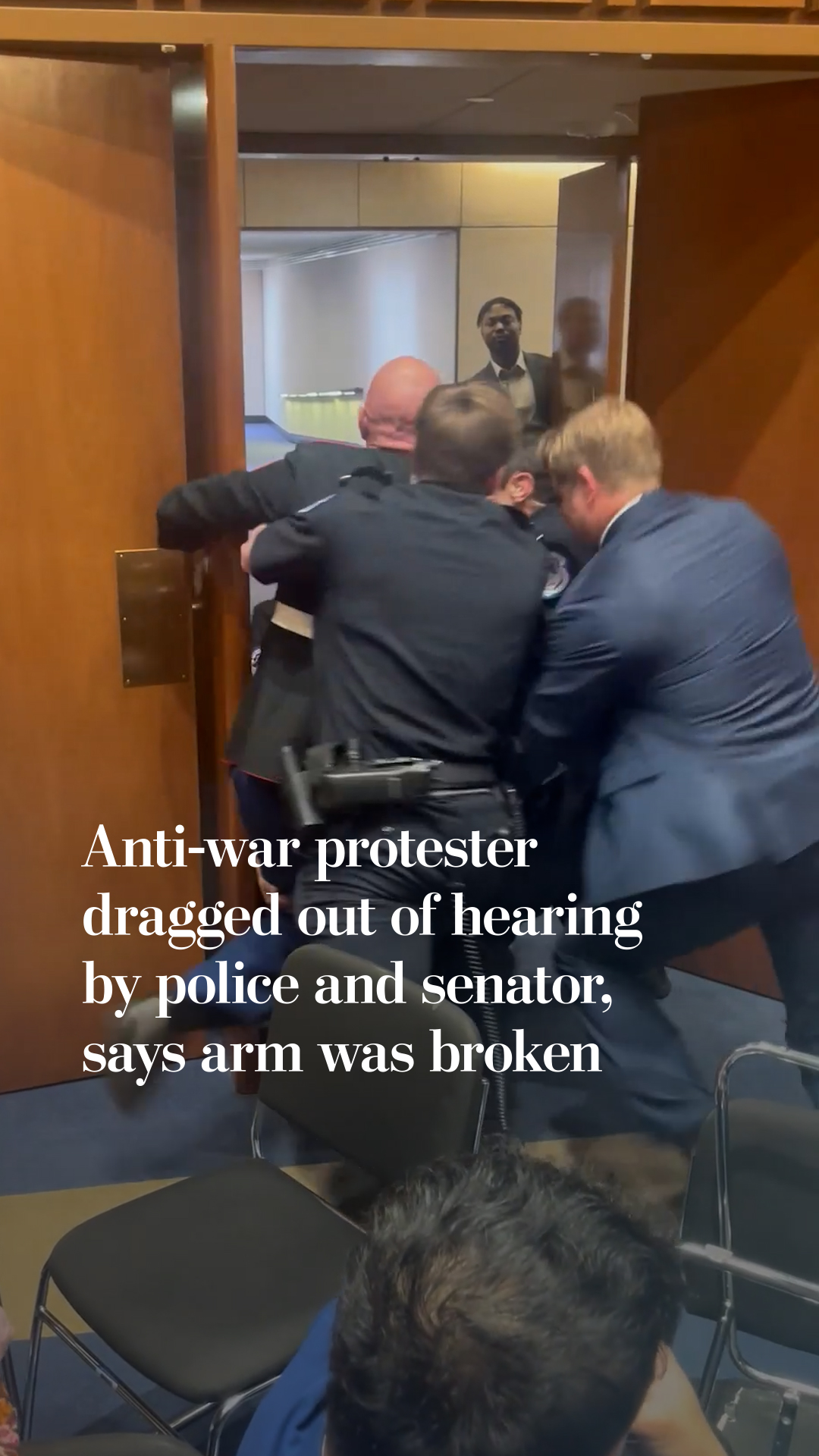 Protester dragged out of hearing by police and senator
