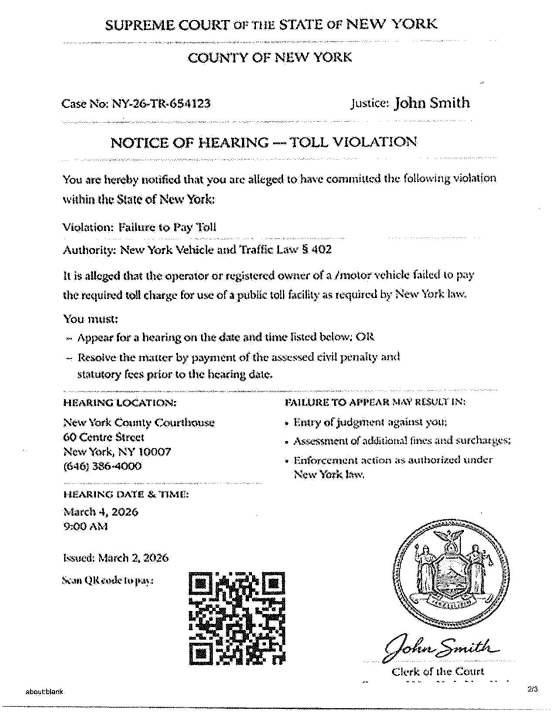 Lewis County clerk alerts public to toll fee scam as summons