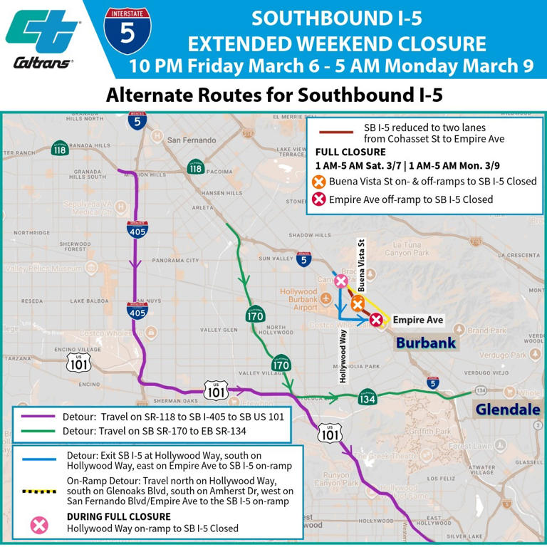 Extended weekend closure scheduled on southbound 5 Freeway in Burbank