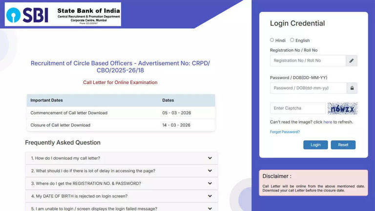 SBI CBO admit card 2026 released for online exam scheduled on March 14 ...