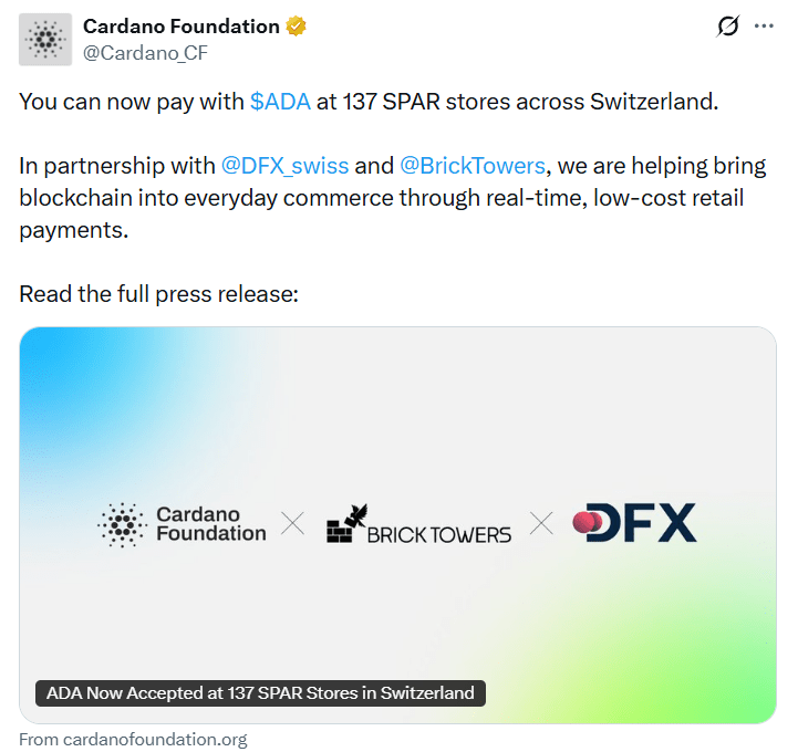 Cardano can now be used to pay at 137 Spar stores across Switzerland