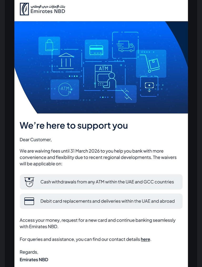 Emirates NBD waives ATM withdrawal and debit card fees across UAE and GCC