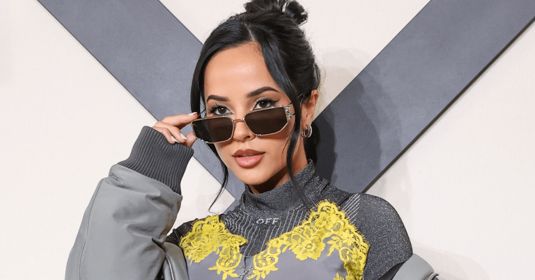 Becky G's off-white slip micro minidress is a lacy masterpiece