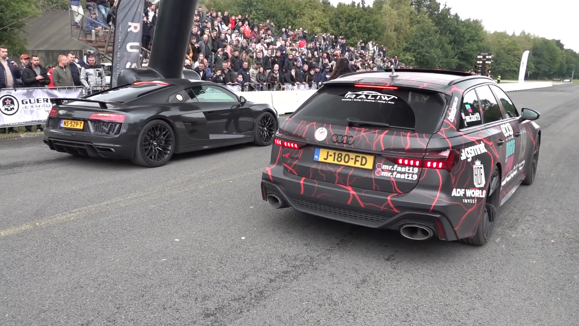 Course de drag impressionnante Audi RS6 Avant vs Audi R8
