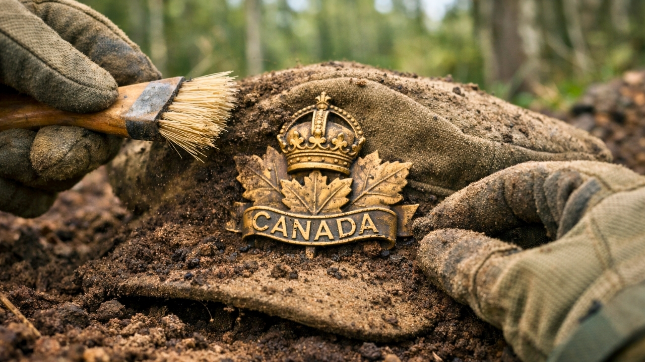 Recovered Canadian Army insignia marks former WWII position in Germany