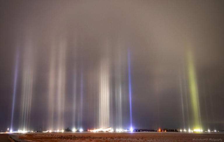 Rare winter light pillars illuminate Brandon night sky