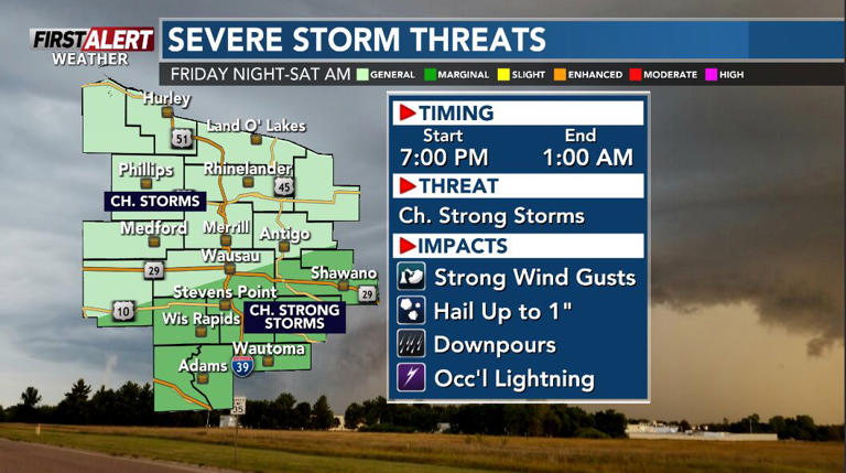 Times of showers, chance of strong storms into Friday night