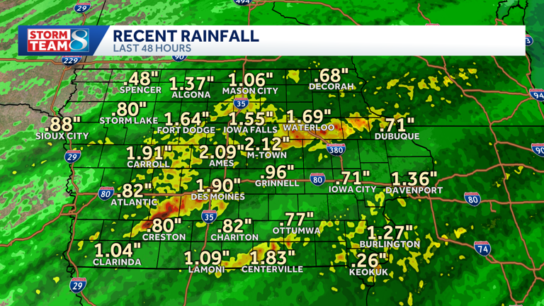 Iowa rainfall totals: See where the heaviest rain fell over last 48 hours