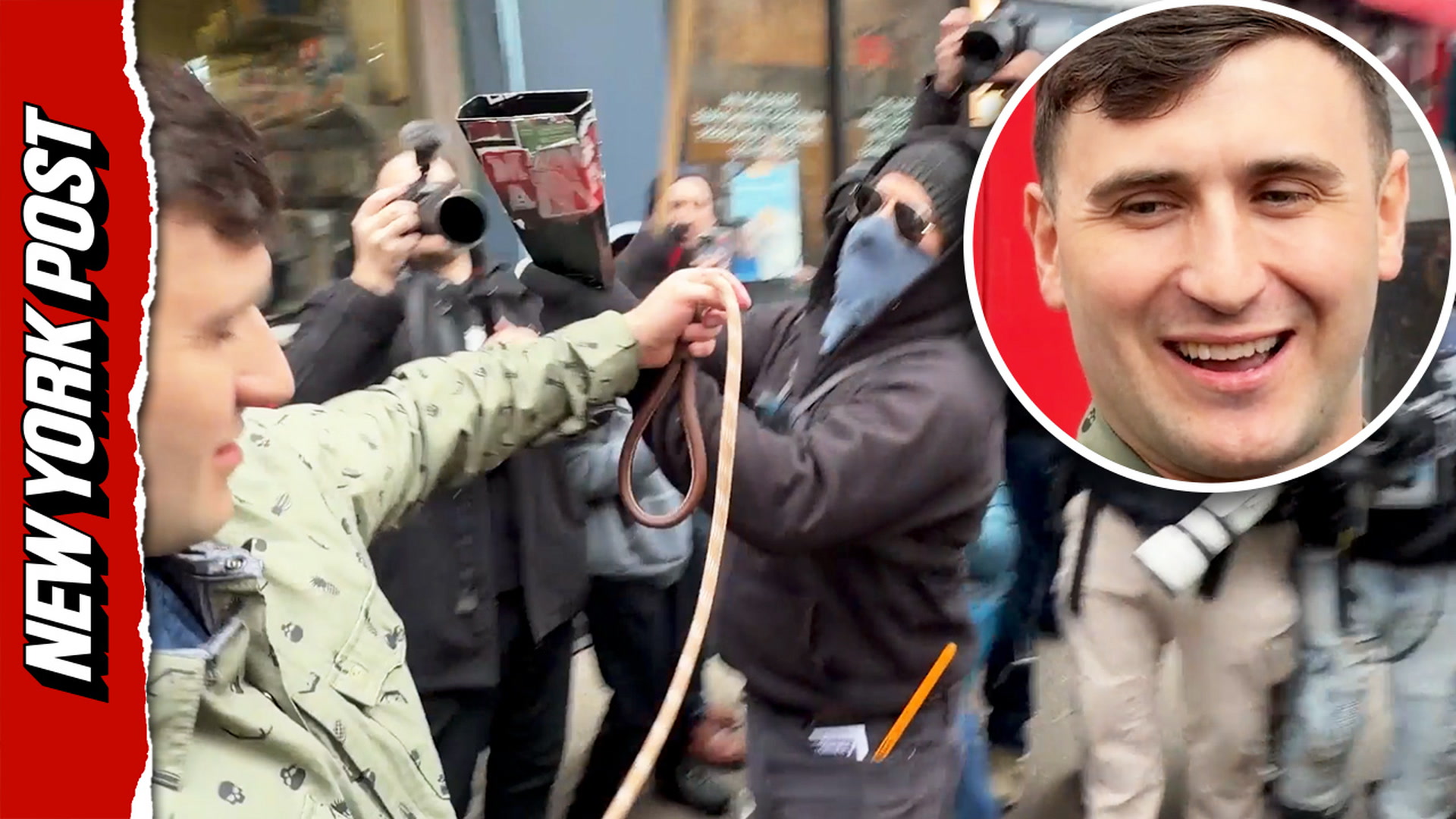 Far-right influencer Jake Lang dodges protesters while parading a goat ...