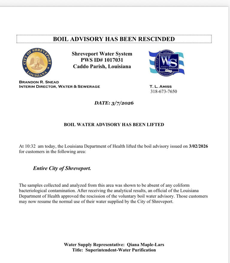 Shreveport boil water advisory lifted after samples show no contamination