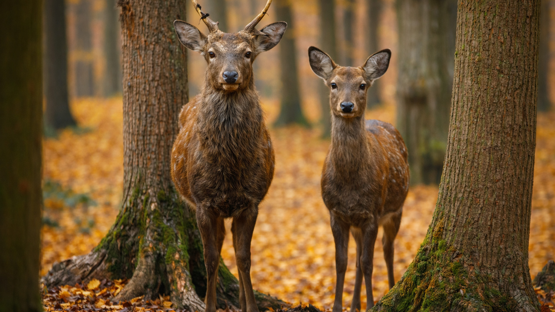 A hidden camera filmed two deer standing still among the trees