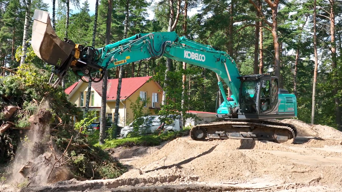 Massive excavator pulling giant tree stumps