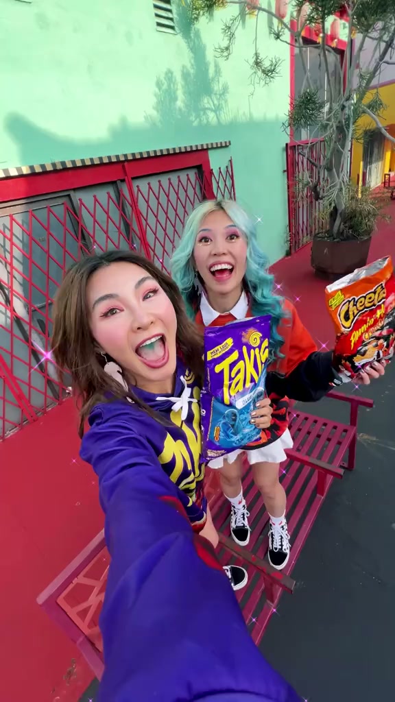 Hot Cheetos vs Takis matching outfits and snack fun