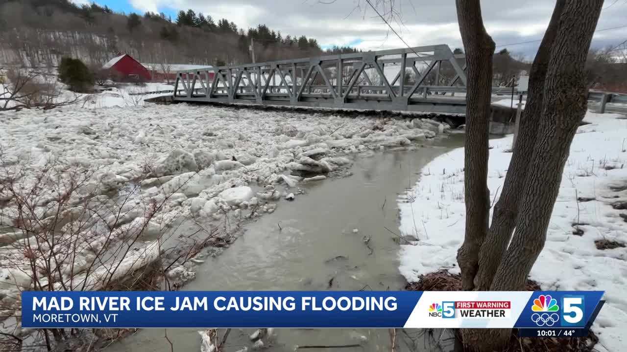 Ice jam builds in Mad River Valley near Moretown and Waitsfield