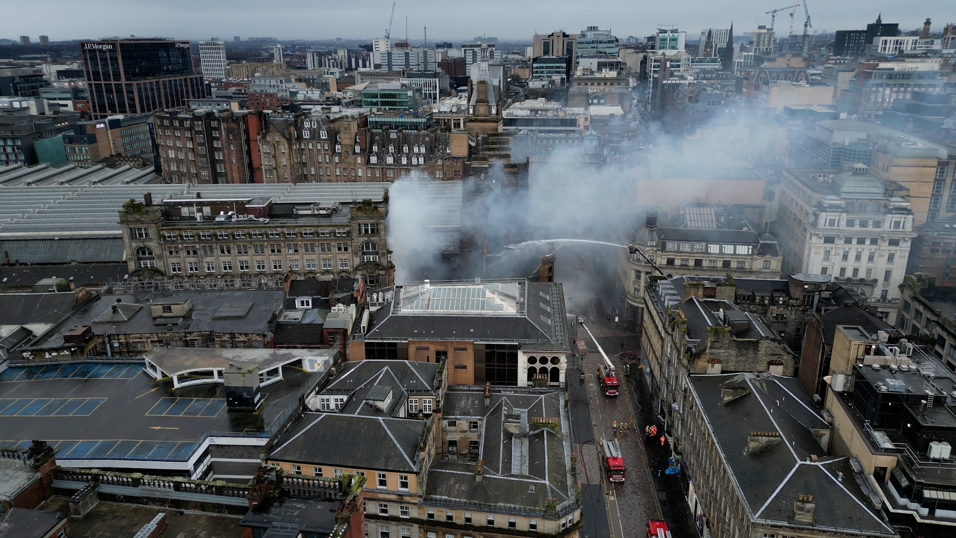 Drone footage shows aftermath after vape shop explosion in Glasgow