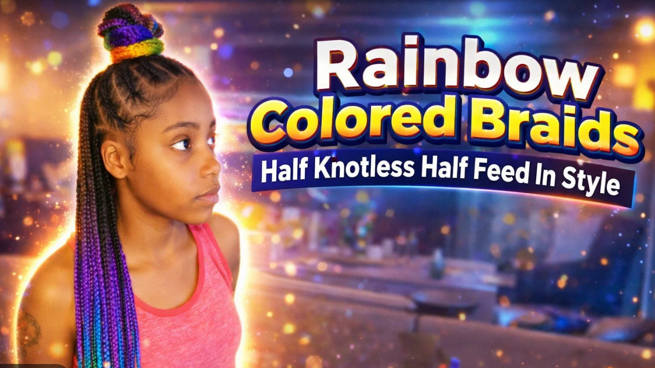 Rainbow colored braids half knotless half feed in style