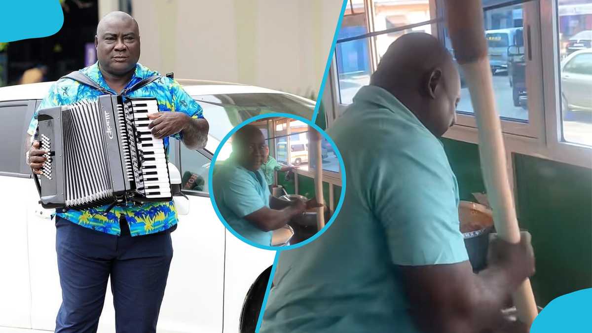 Veteran gospel musician, Edward Akwasi Boateng seen pounding fufu at a ...