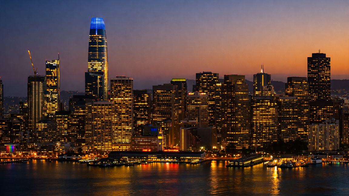 Goldene Lichter über der beeindruckenden Skyline bei Nacht