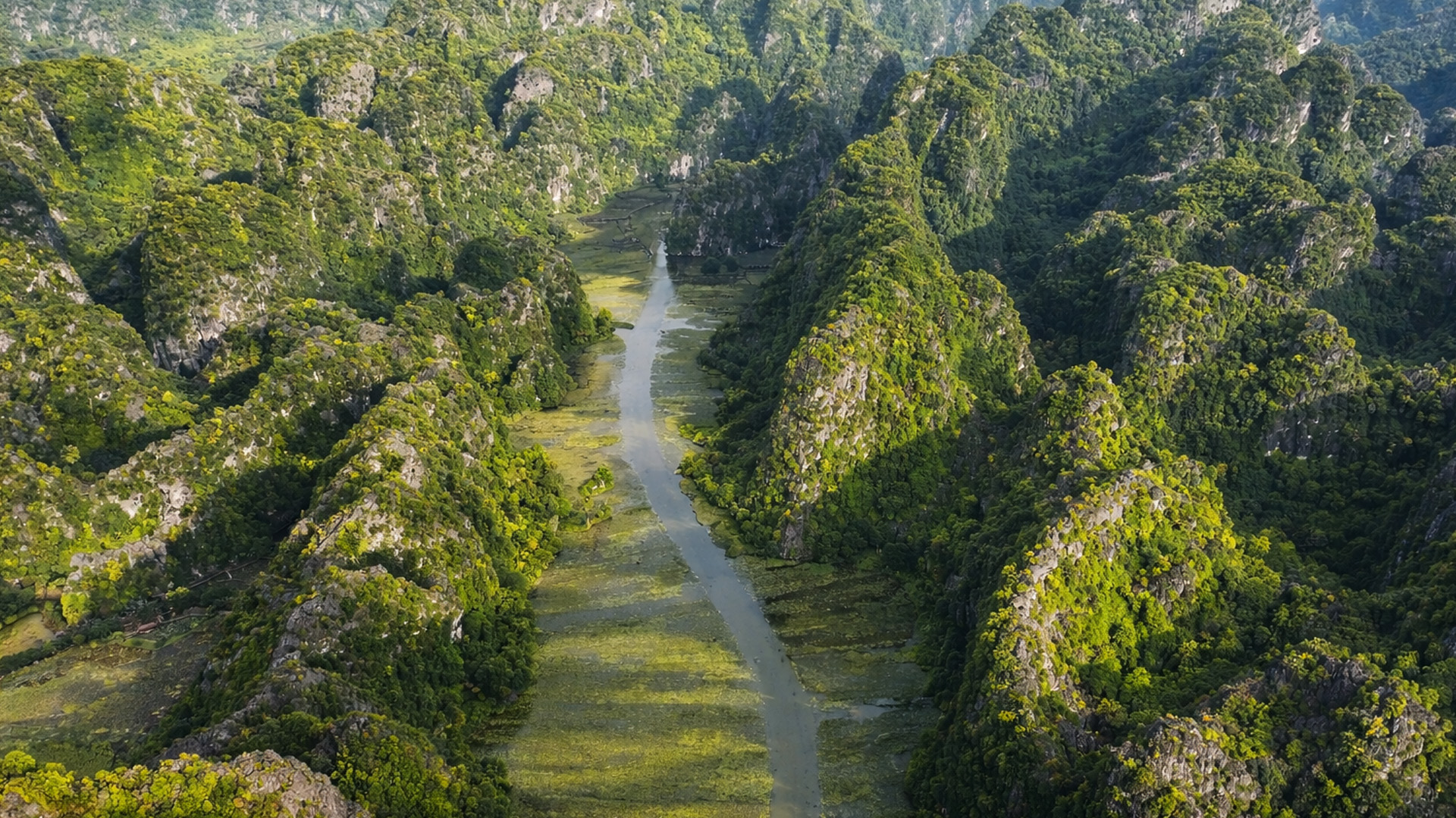 A river valley surrounded by stone towers