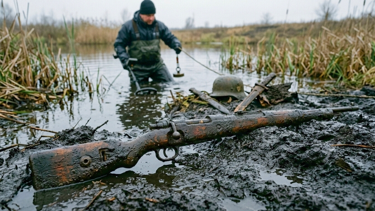 Watch a muddy WW2 pond give up rifles pistols helmets and the weapons ...