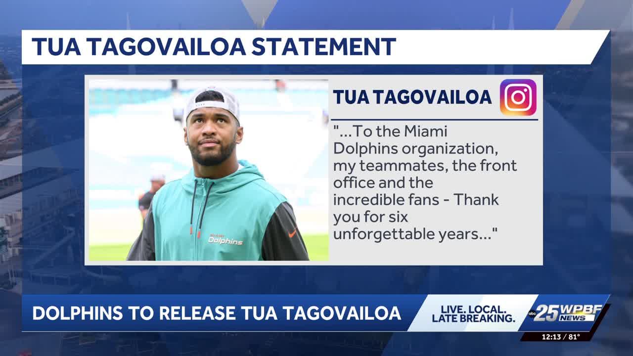 The Dolphins are releasing quarterback Tua Tagovailoa, resulting in a ...