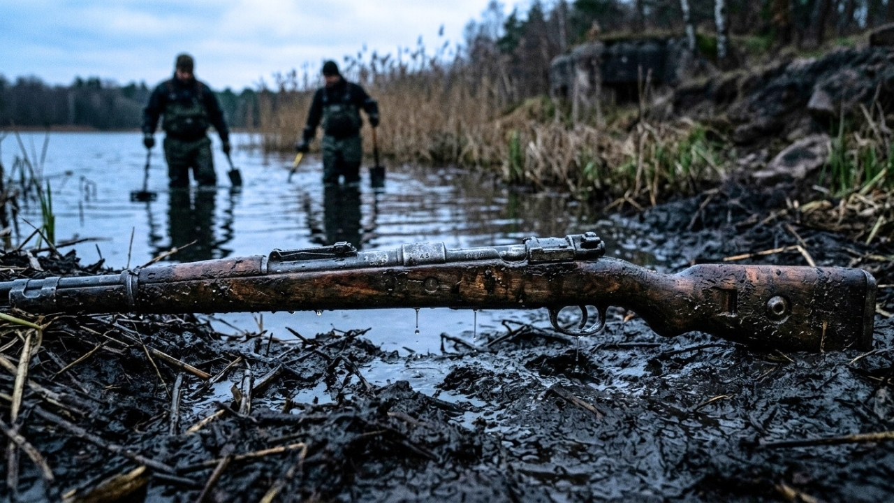 A WW2 weapons dump surfaced from the bottom of this lake with rifles ...