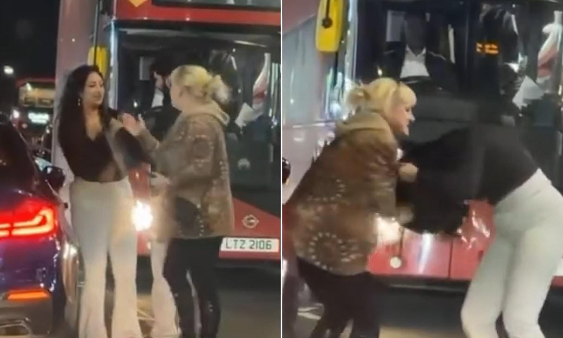 Moment women grab each other by the hair and slap each other in 'road ...