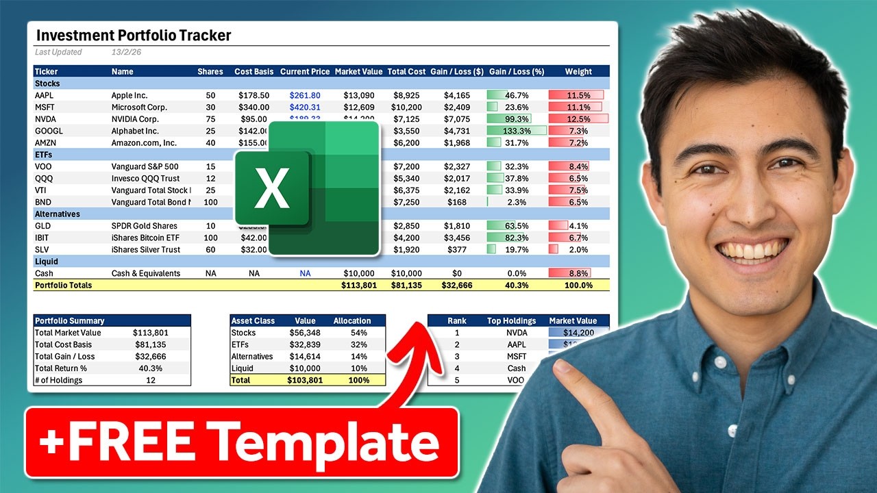 Make an investment portfolio tracker in Excel (stocks, ETFs, crypto etc.)