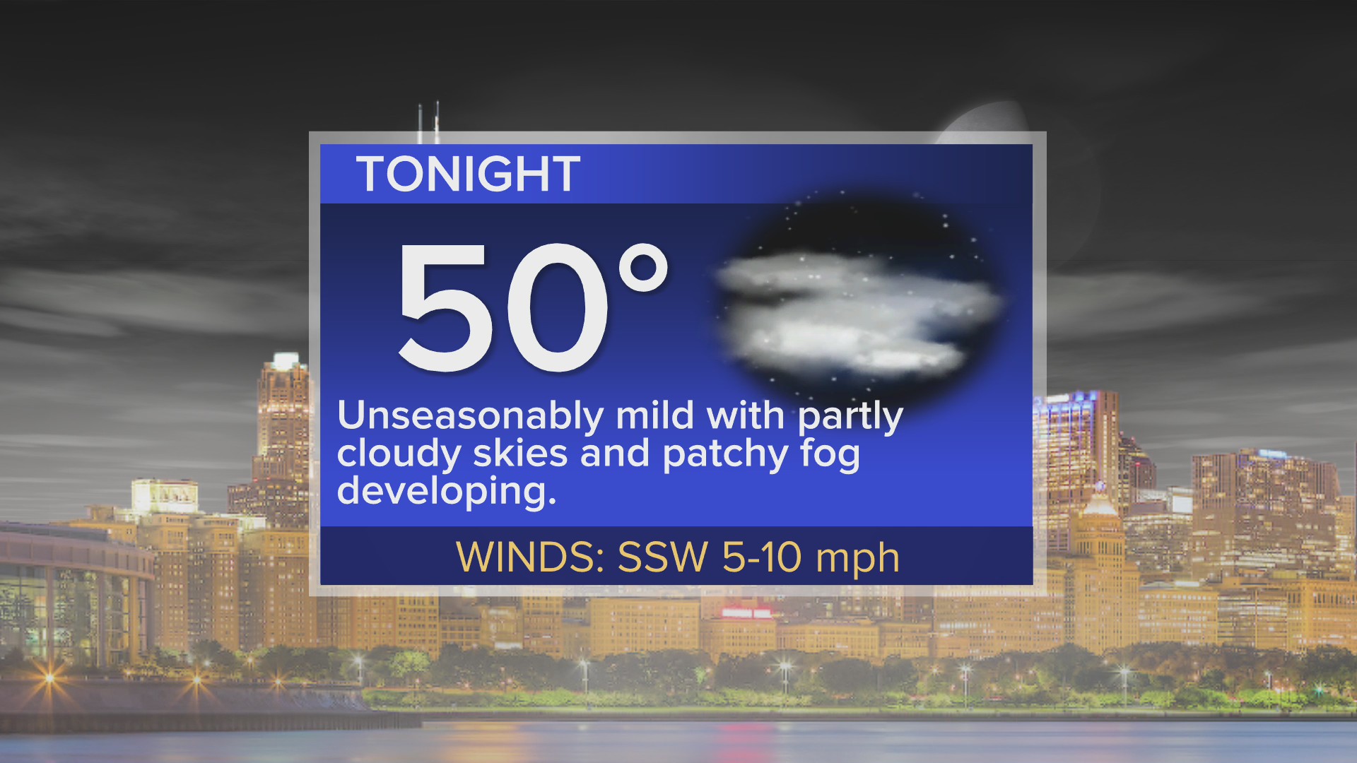 Tonight: Mild, partly cloudy; patchy fog develops