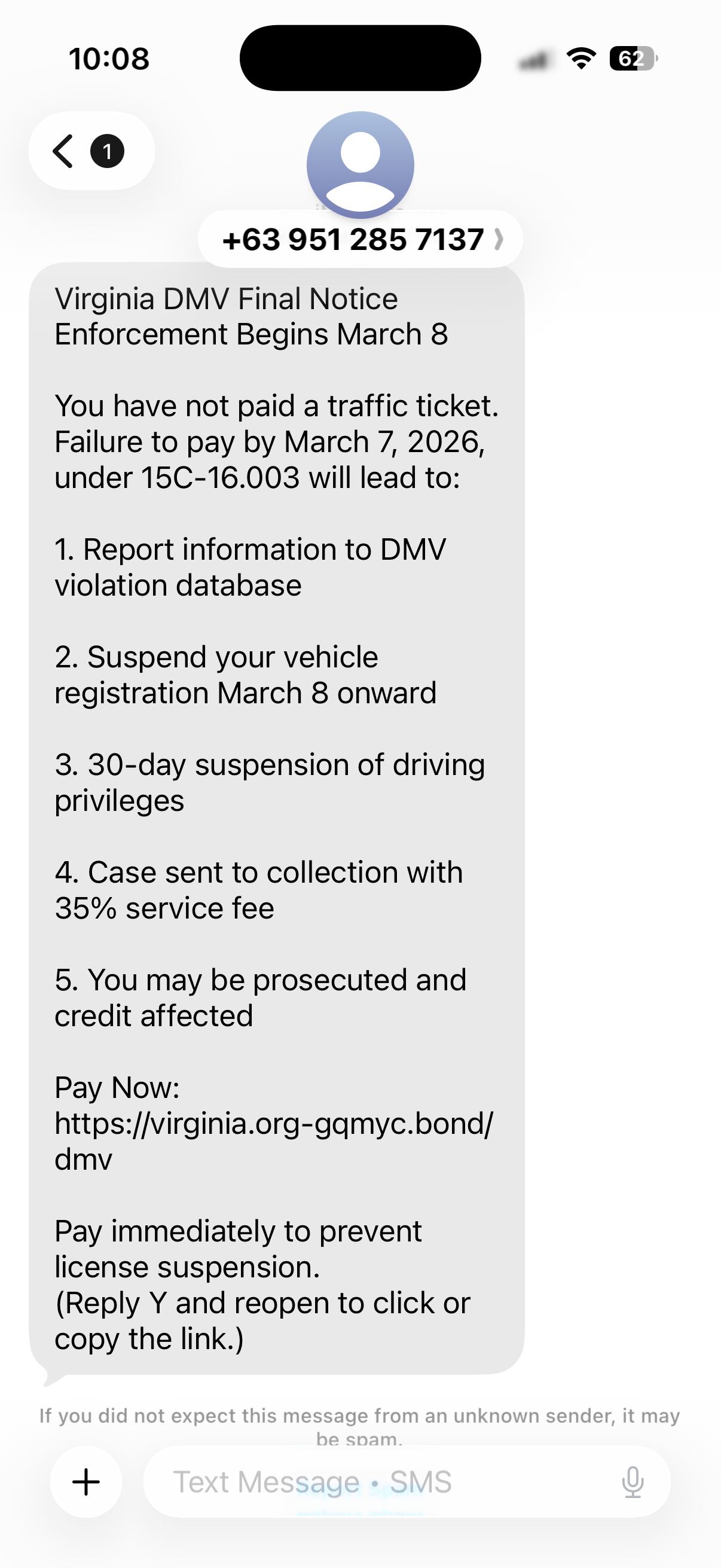 Virginia DMV warns residents about fake traffic ticket text scam